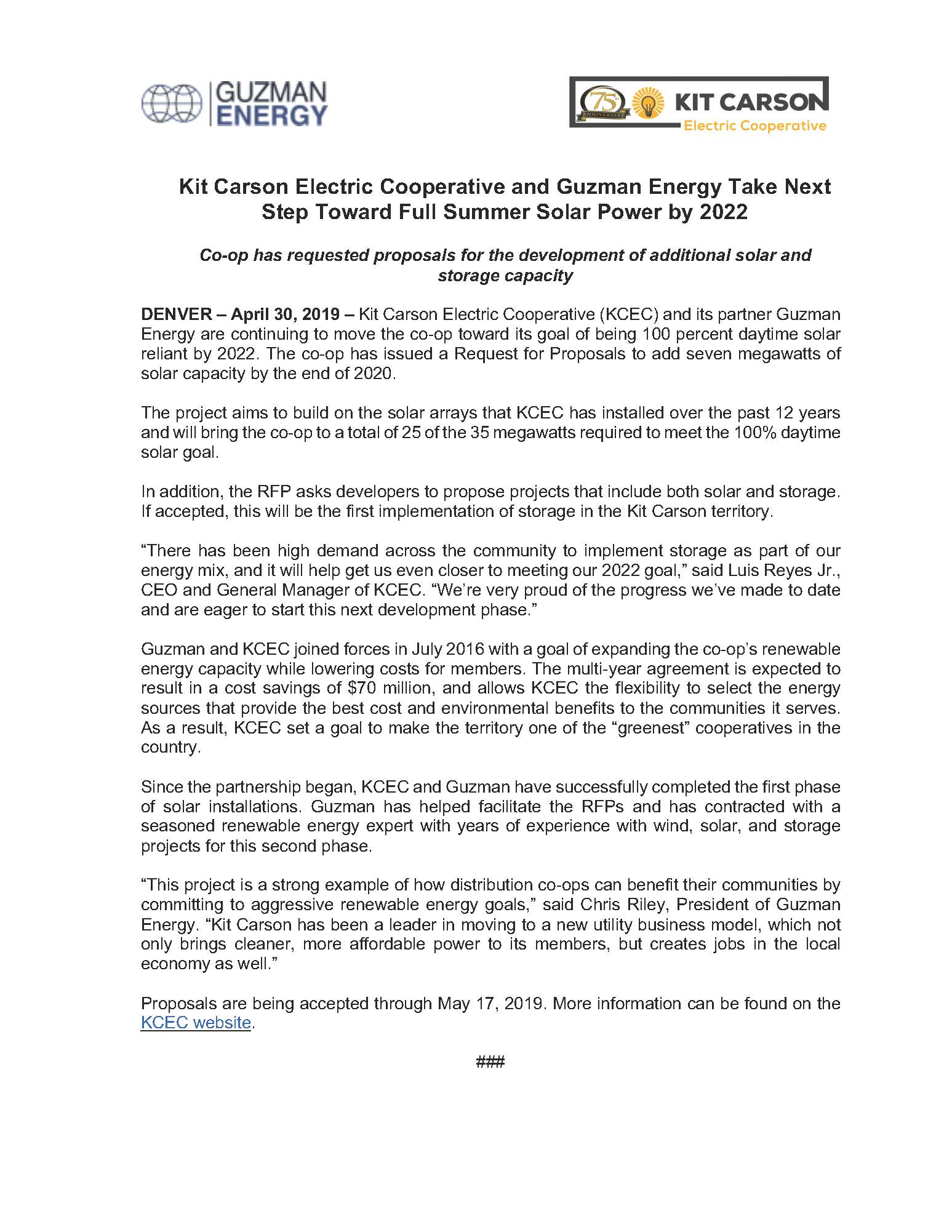 Kit Carson Electric Cooperative and Guzman Energy Take Next Step Toward ...