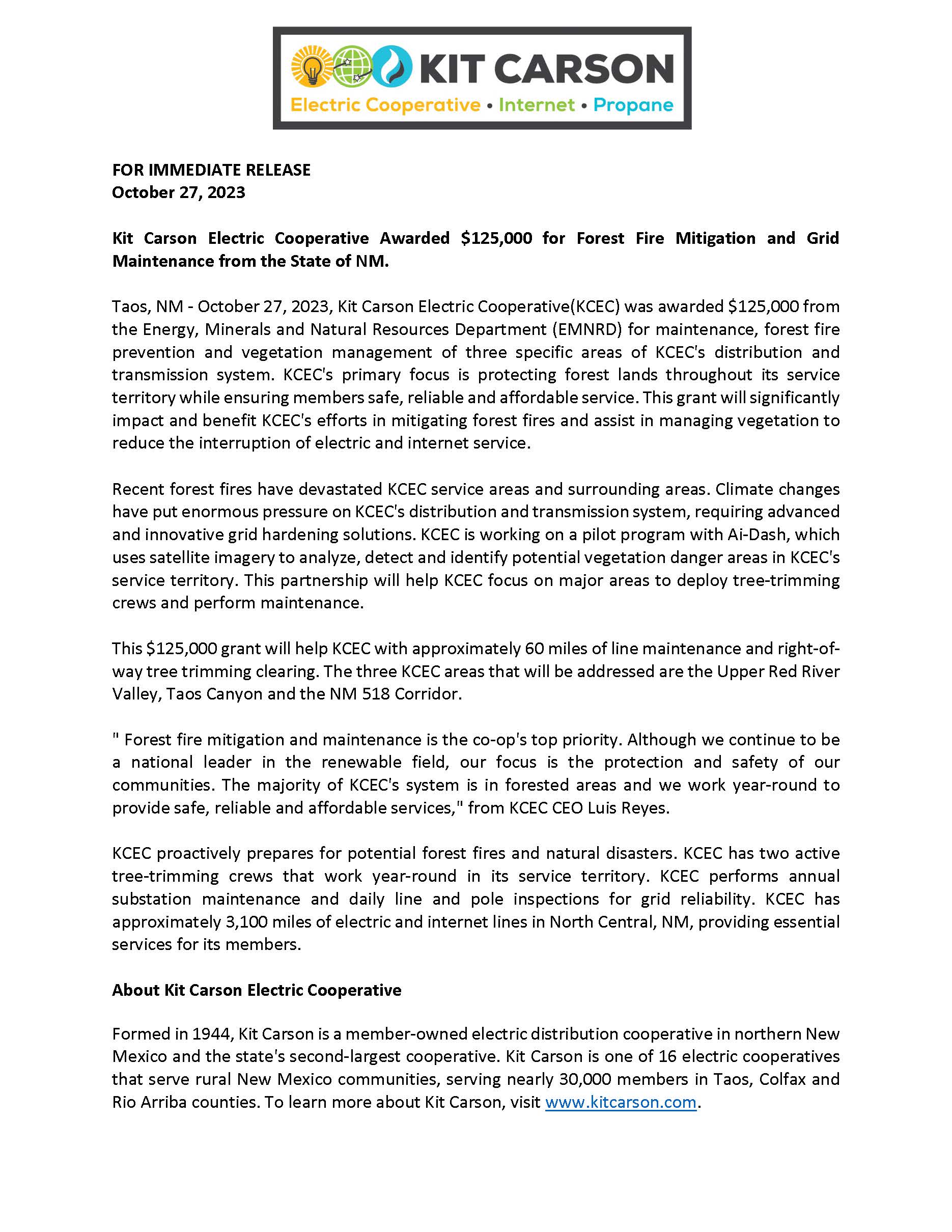 Kit Carson Electric Cooperative Awarded $125,000 for Forest Fire ...